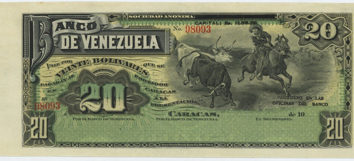 Venezuela currency 20 Bolivares banknote 1910 Banco de Venezuela|World ...
