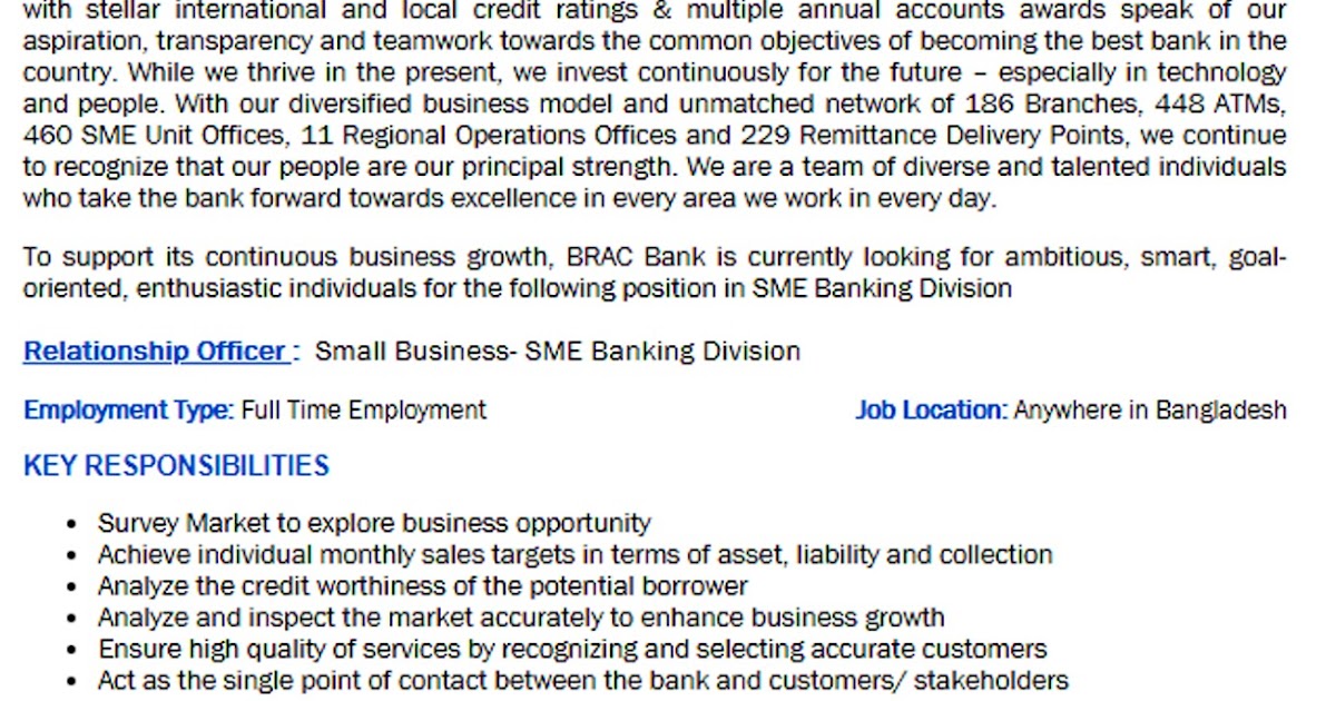 BRAC Bank Job Circular 2018