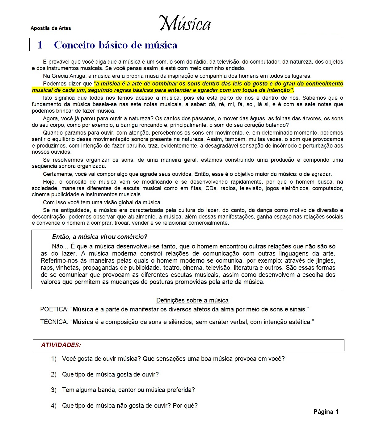 Atividades De Arte Sobre Música Com Gabarito 7 Ano - RETOEDU