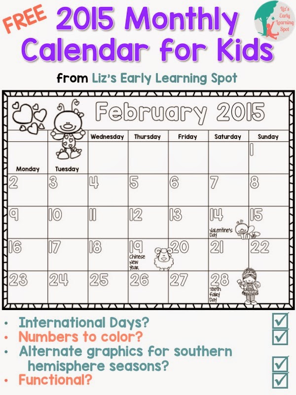 Classroom Freebies Too: 2015 Monthly Calendar for Kids