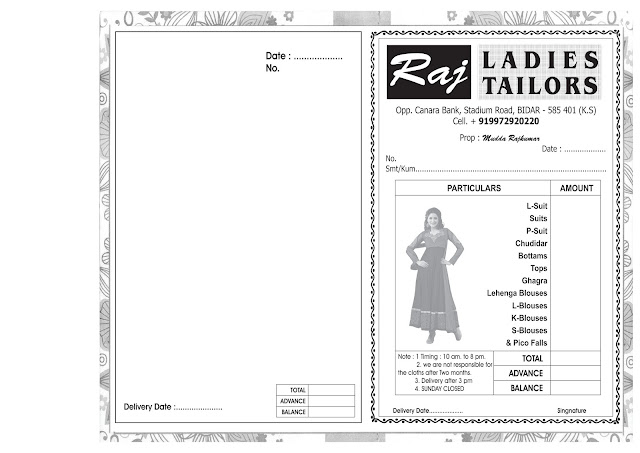Dattu: Raj Ladies Tailors Bill Book With Bar Banner