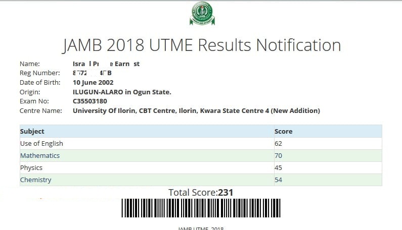 A sample of JAMB notification of a result
