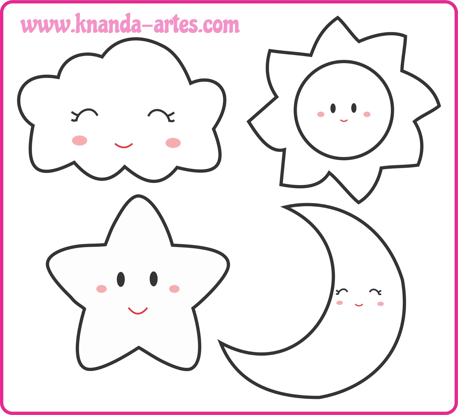 Elementos da Natureza em feltro para aplicar - Molde sol, lua, estrela e nuvem