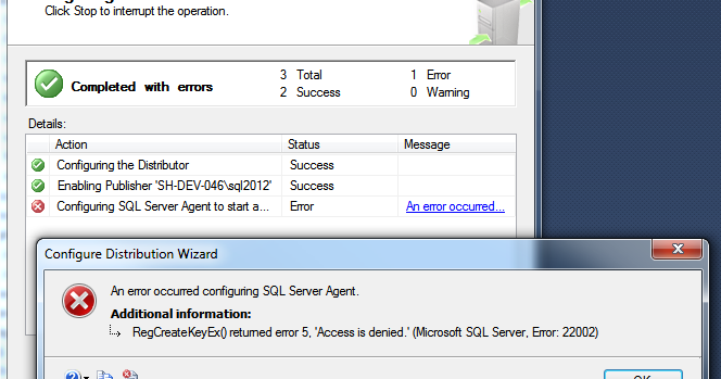 SQL Tact: Distribution setup SQL Server Agent error: "RegCreateKeyEx ...