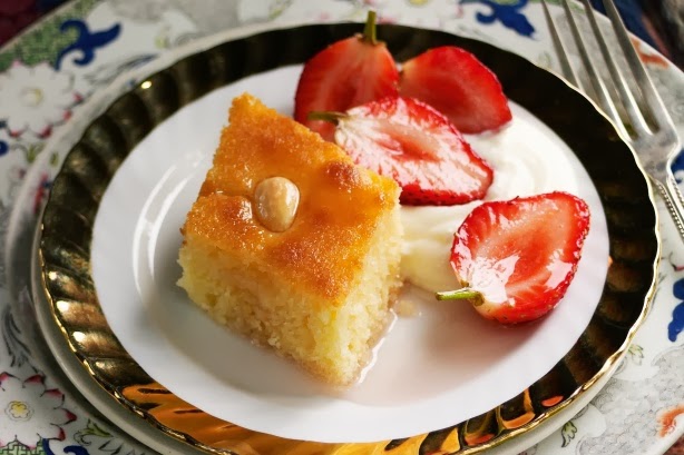 Semolina cake with strawberries in rose syrup (Basbousa) recipe ...