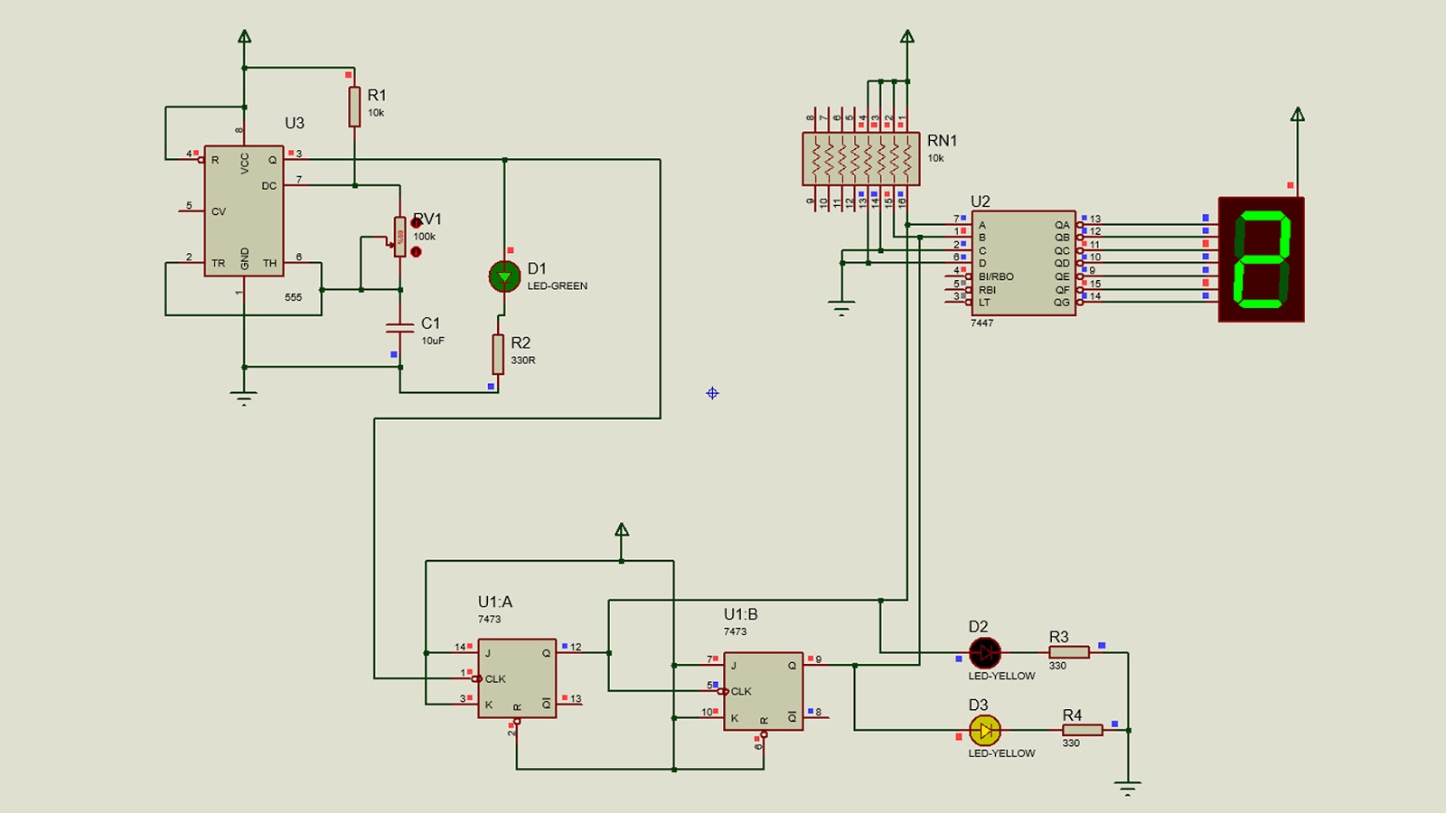 Contador de 2 bits Flip Flop J-K usando ICs 555 7473 y 7447 ...