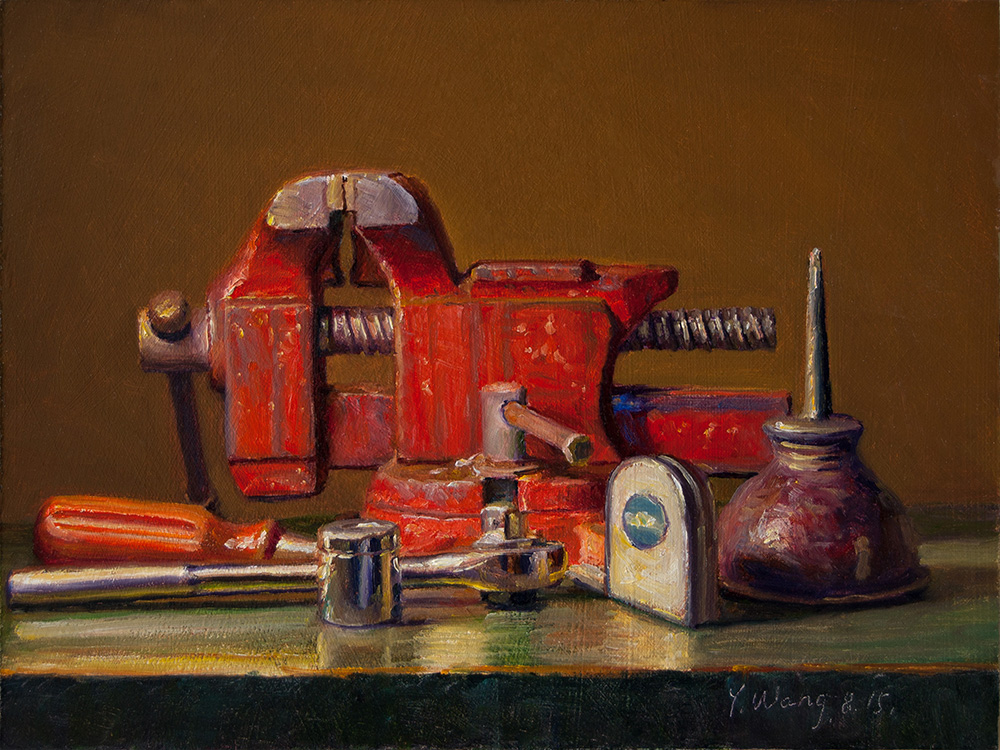 Wang Fine Art: old tools with vise still live painting traditional realism
