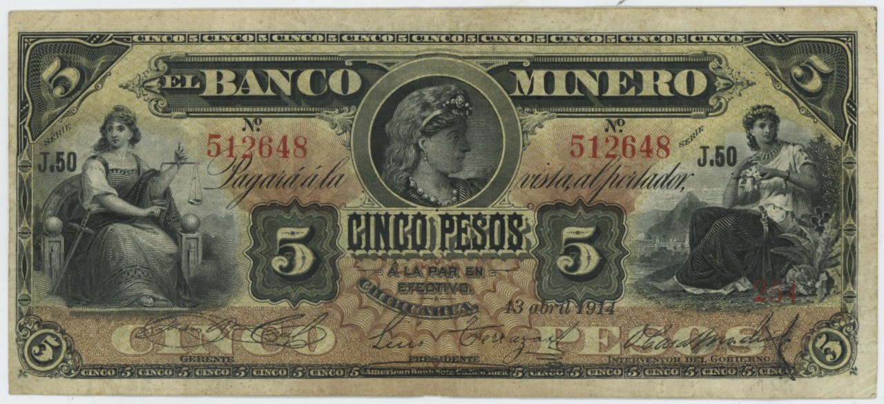 Mexico banknotes 5 Pesos banknote 1914 El Banco Minero|World Banknotes ...
