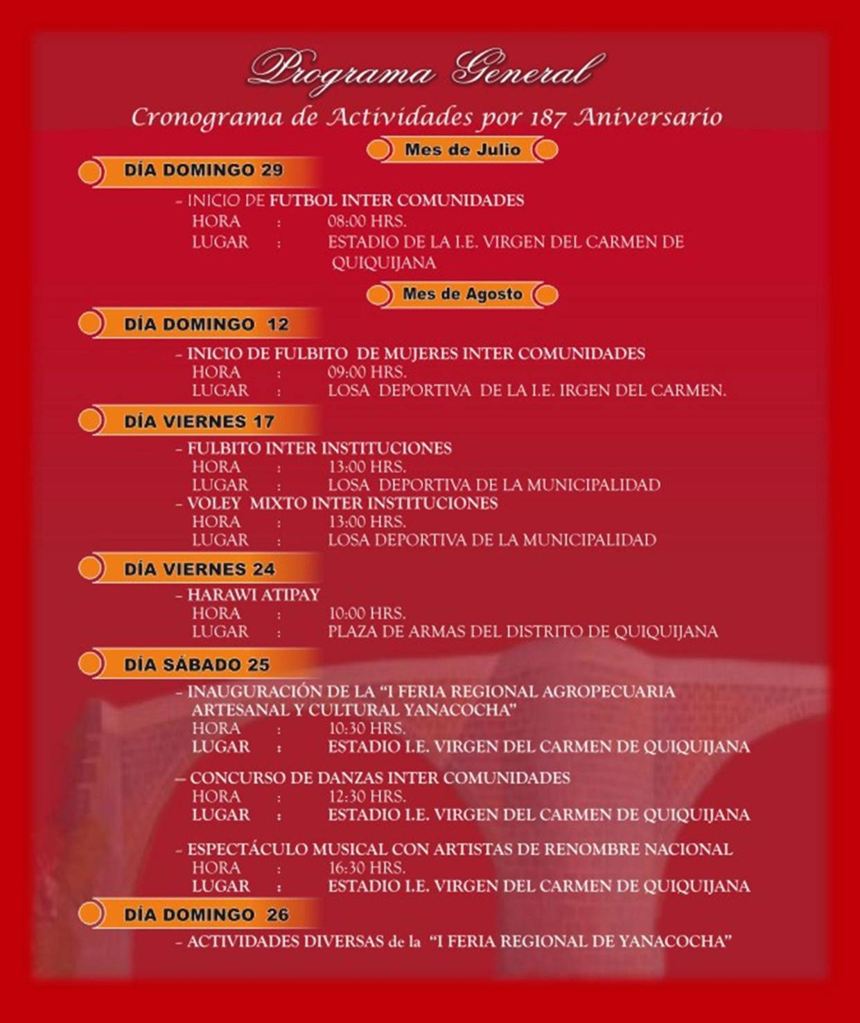 DISTRITO DE QUIQUIJANA: Programa General por el Aniversario del Distrito de Quiquijana