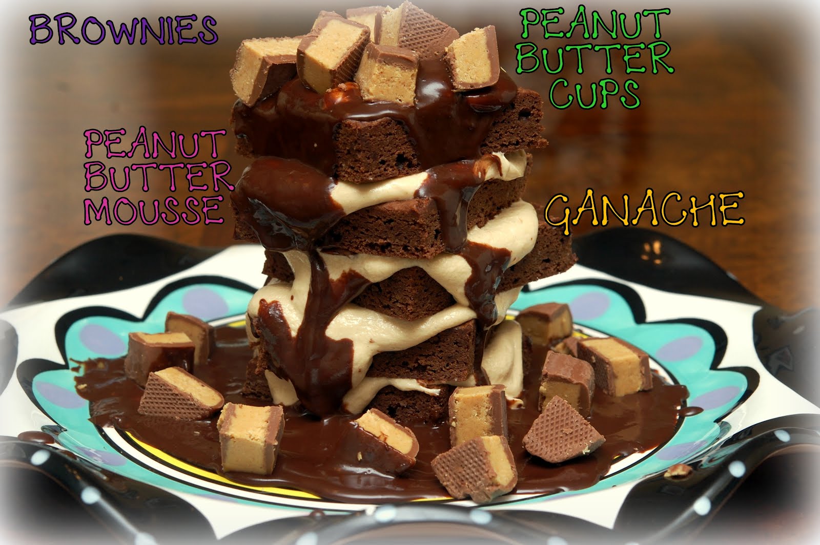 BROWNIE & PEANUT BUTTER MOUSSE TOWER TOPPED WITH GANACHE & PEANUT ...