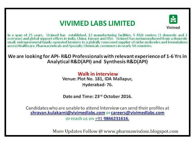 Vivimed Labs Limited - Walk-In Interviews for API - R&D Department on ...