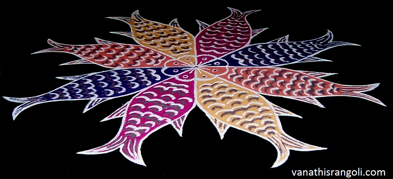 Vanathi's Rangoli / Kolangal: Fishes with Flower - Freehand Rangoli