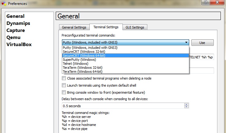 How to set Secure CRT as default terminal in GNS3