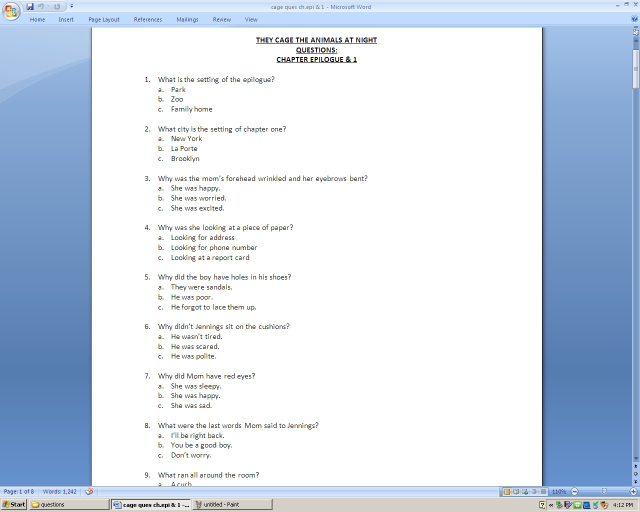 Tests for Teachers: Novel Reading Comprehension Packets