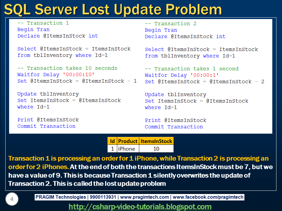 Sql server, .net and c# video tutorial: sql server lost update problem Sql server, .net and c# video tutorial: sql server lost update problem