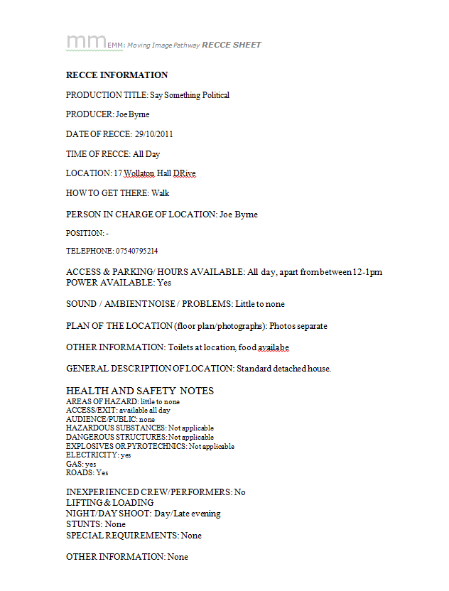 Joe's Blog: Recce and Risk Assessment Forms