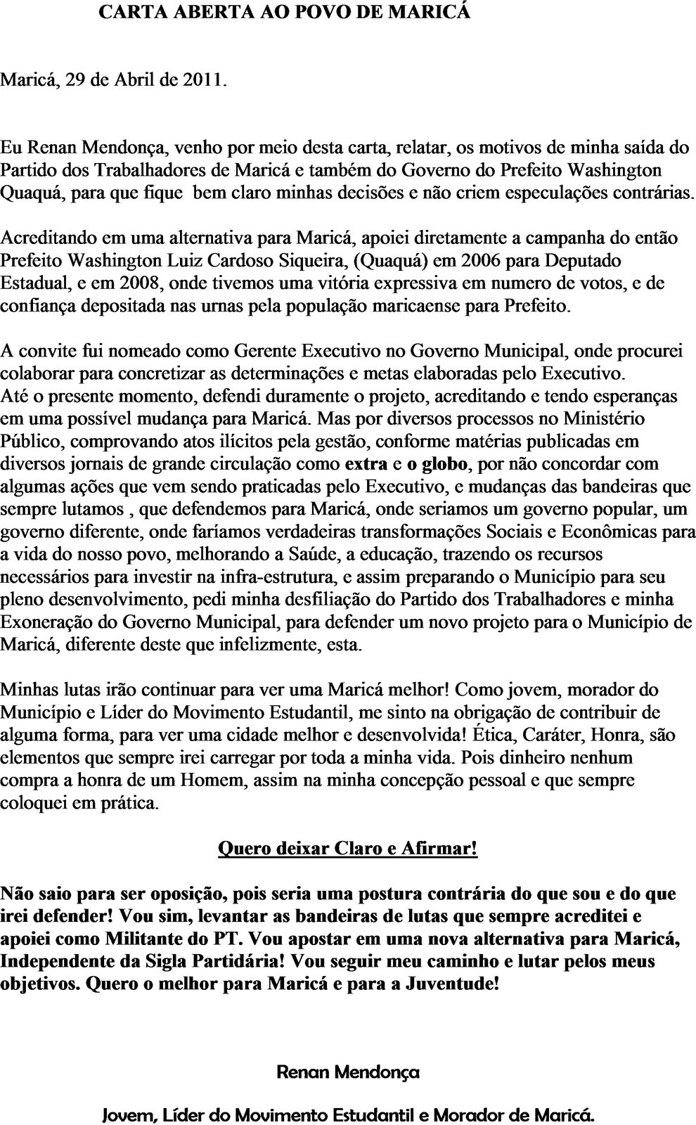 Líder do Movimento Estudantil divulga carta de desfiliação do PT e ...