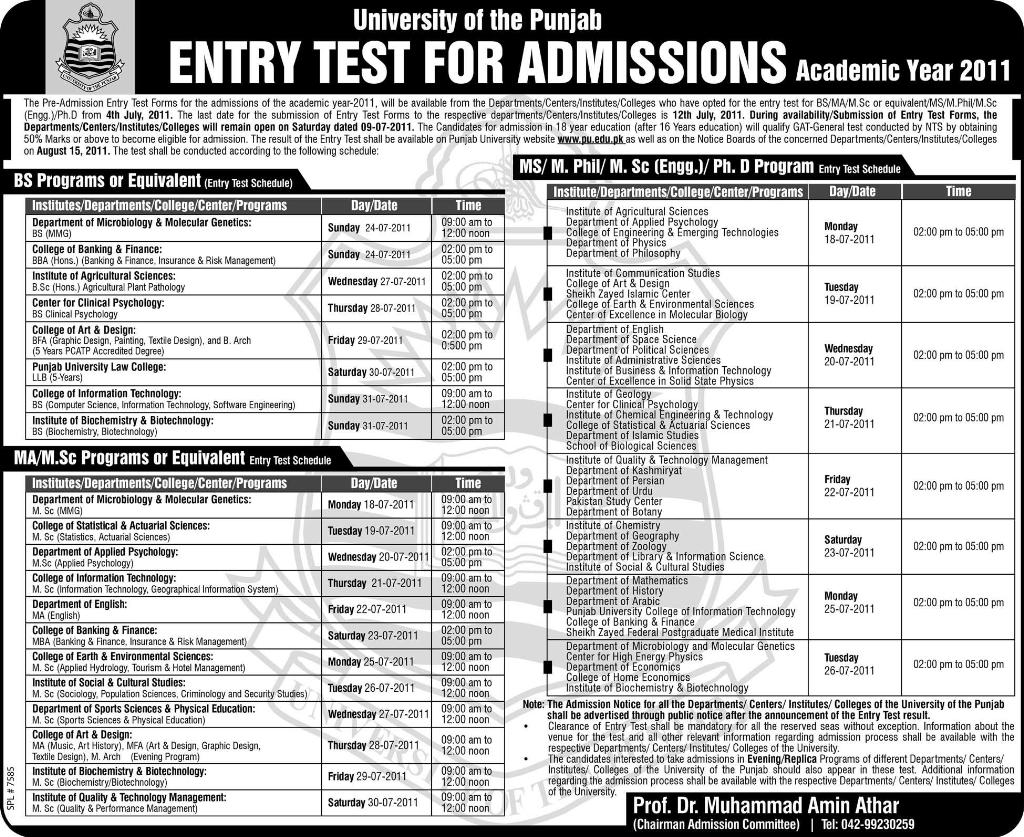 Admission in Pakistan: University of the Punjab Entry Test For ...