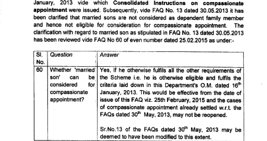 Clarification on compassionate appointment for married son – DoPT ...