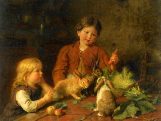 Children and Their Pet Rabbits ~ Antique Oil Paintings