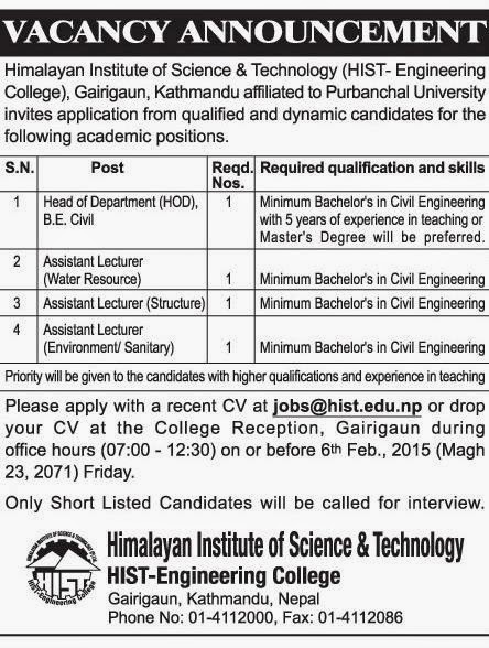 HOD and Assistant Lecturers Vacancy @ Himalayan Institute of Science ...