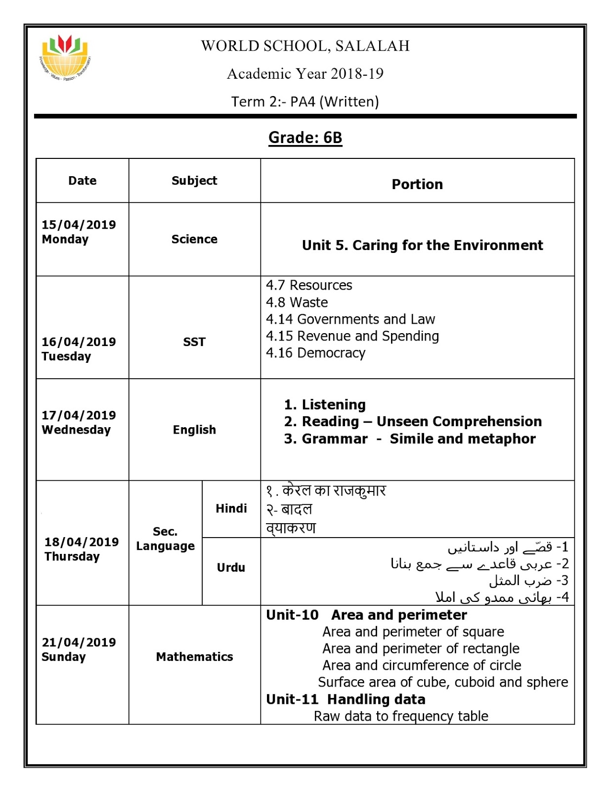Birla World School Oman: PA4-Portion with Exam Dates for Grade 6