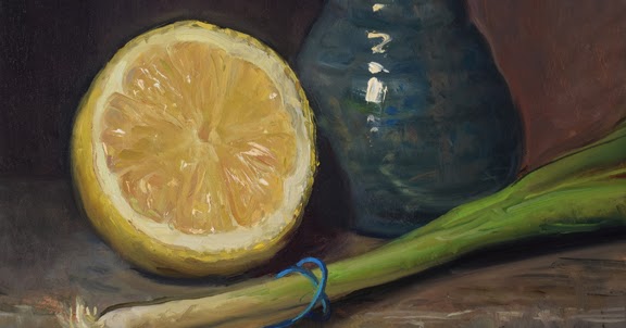 a painting a day: Lemon, Spring Onion and Vase