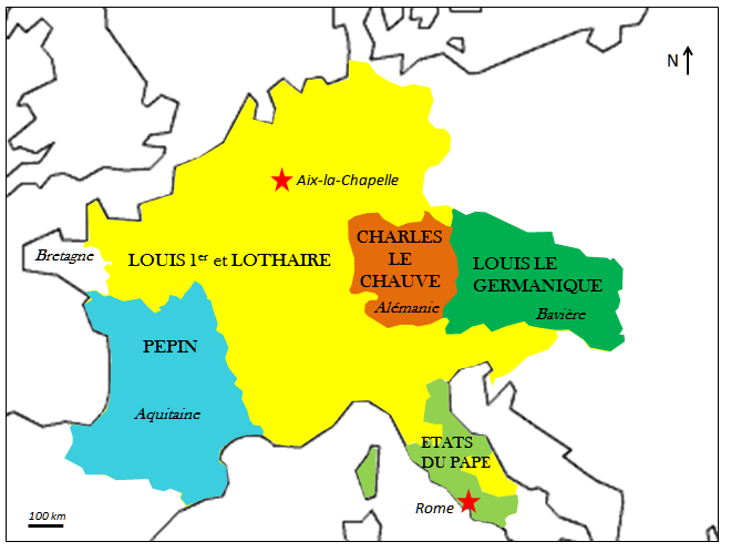 Charlemagne's empire divided amongst his three grandsons, 843. : r/MapPorn