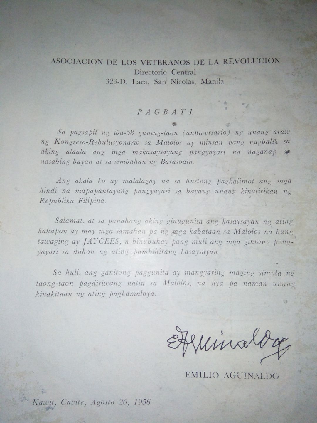 JCI Malolos: Emilio Aguinaldo's Letter to the members of Malolos ...