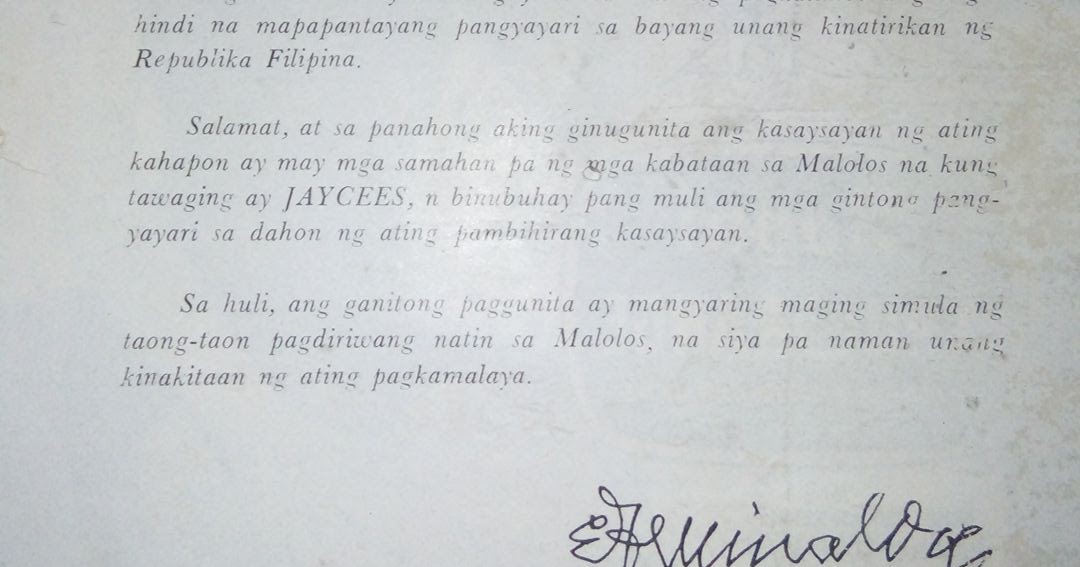 JCI Malolos: Emilio Aguinaldo's Letter to the members of Malolos ...