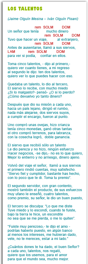 PARÁBOLA DE LOS TALENTOS. CANCIÓN
