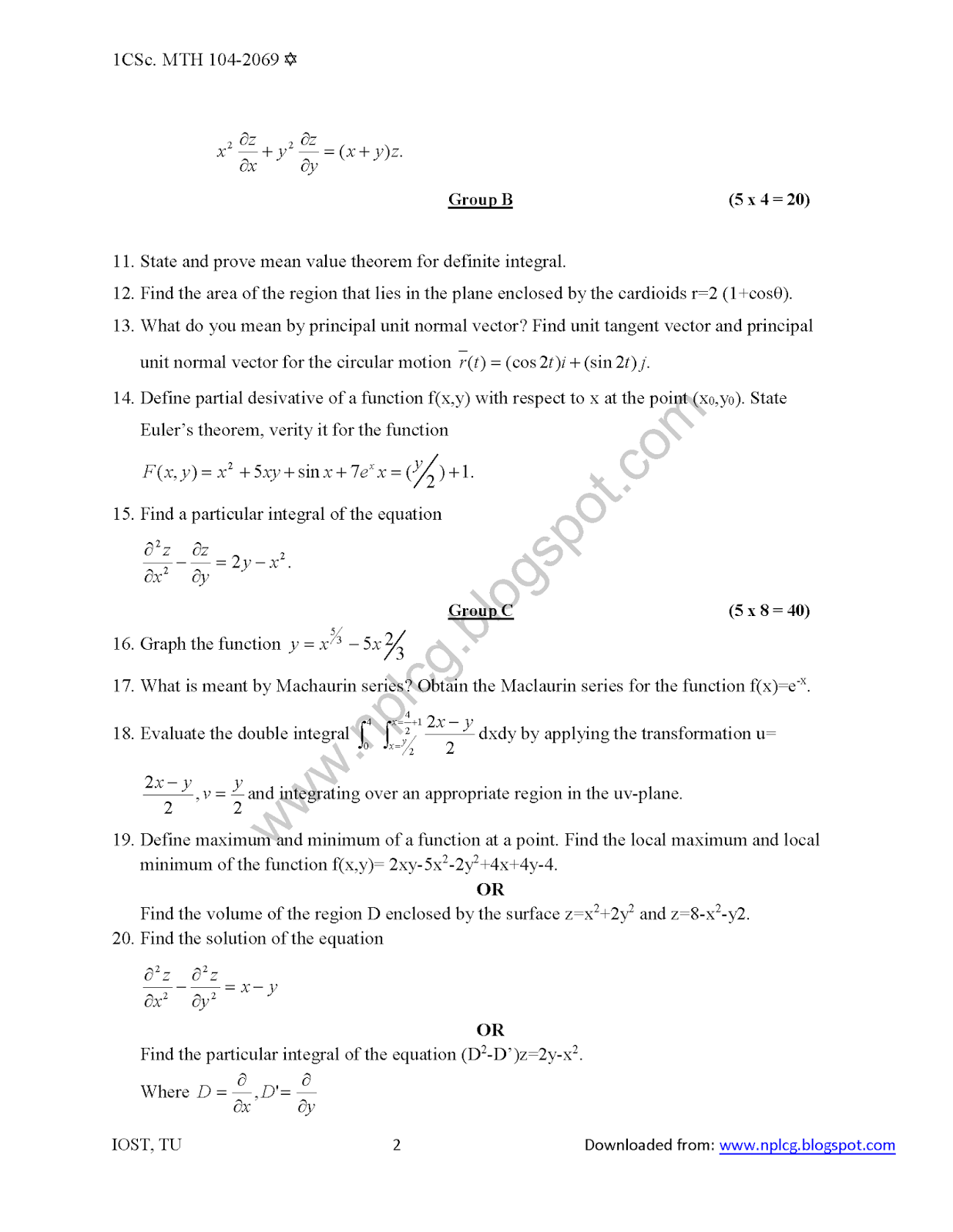 Calculus and Analytical Geometry | Question Paper 2069 | CSIT TU ...