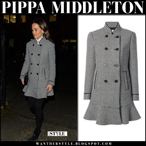 Pippa Middleton in black houndstooth peplum coat in London on December ...
