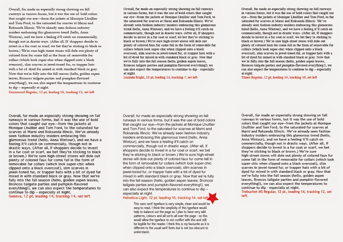 Alice Robinson Unit 40 Magazine Design: Choosing a body text Typeface