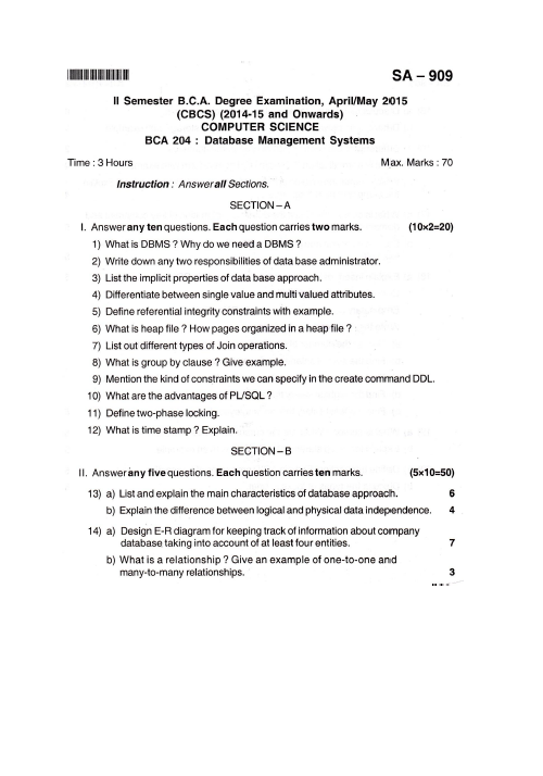 Database Management Systems Bca 204 Bangalore University Bca Computer Science 2015 Question