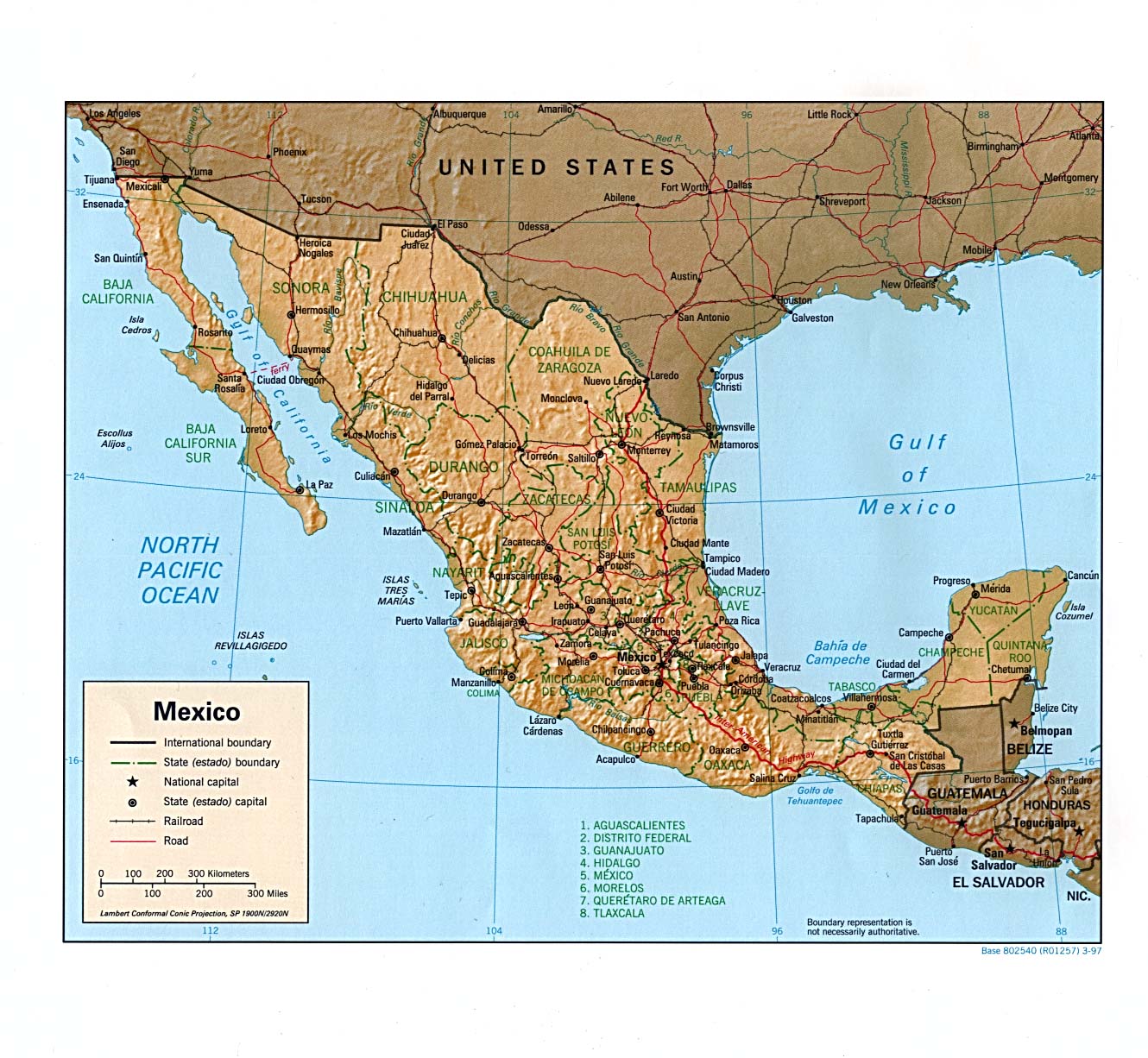 Kaart Noord-Amerika landen: Kaart Mexico en Mexico-Stad, Yucatan