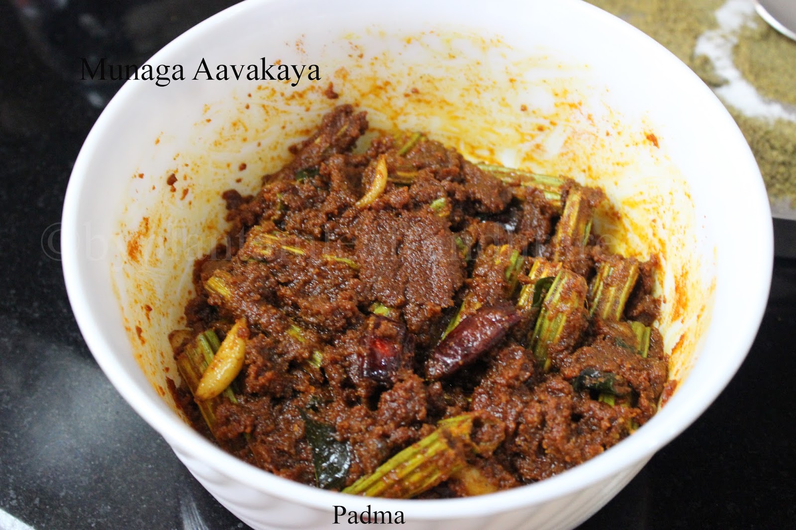 plantain leaf(Andhra Recipes): Munaga Aavakaya (Drumstick Pickle)