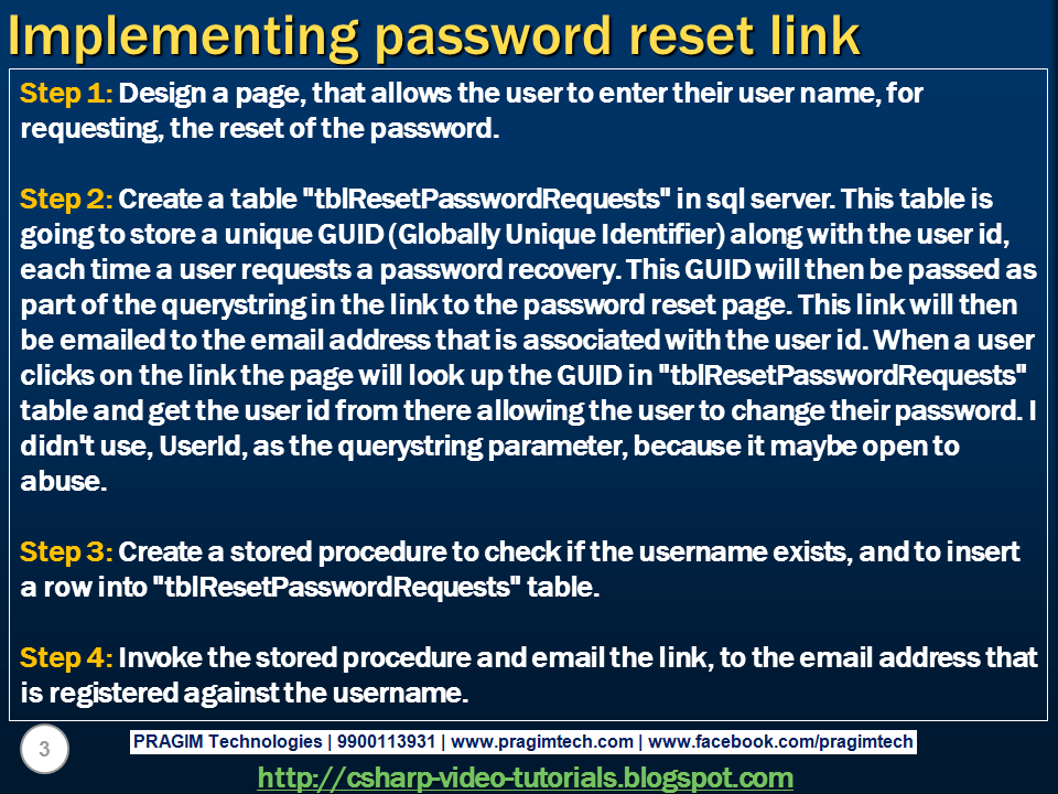 Sql server, .net and c# video tutorial: Part 95 – Implementing password reset link