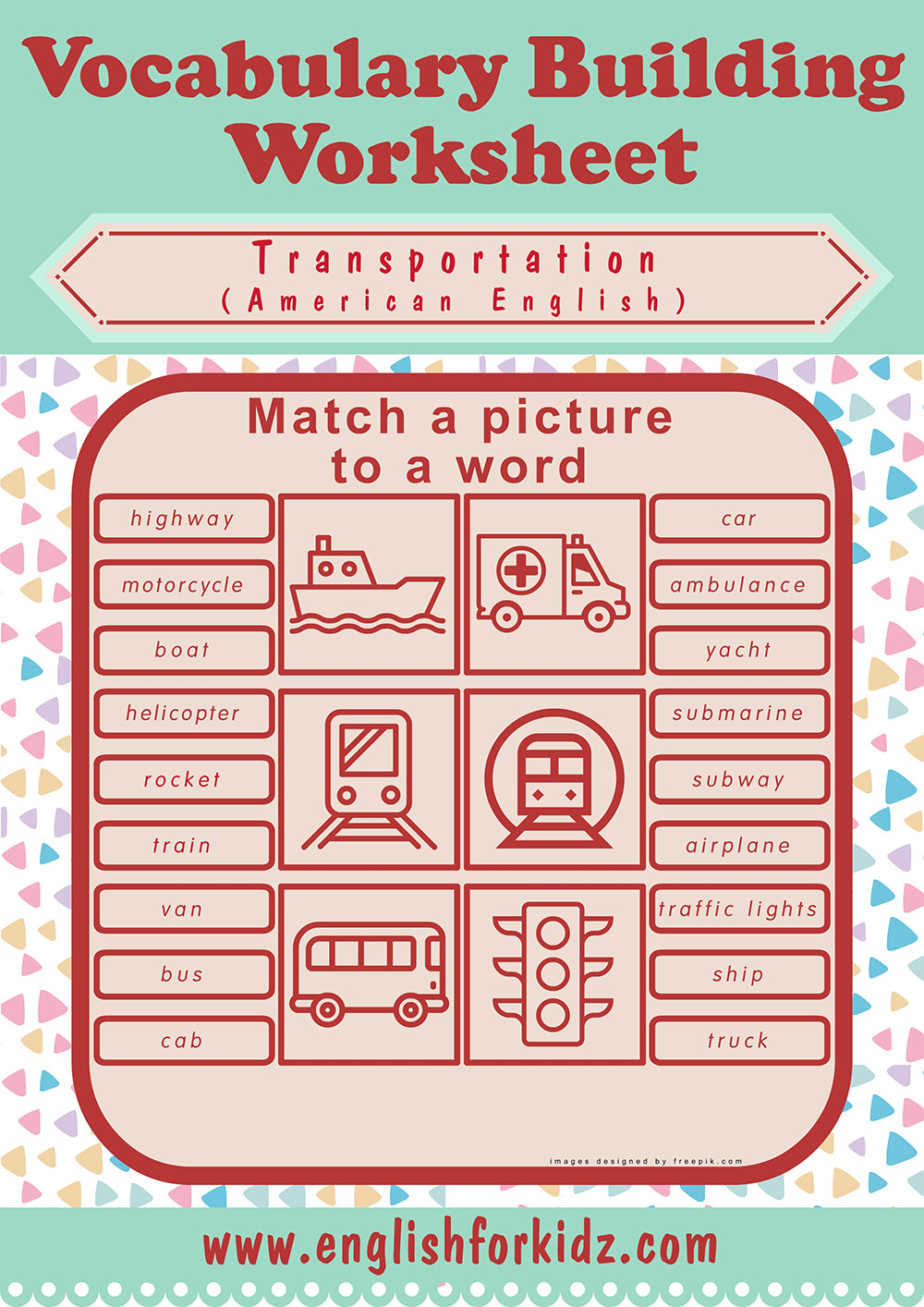 Transportation Worksheets: Picture to Word Matching