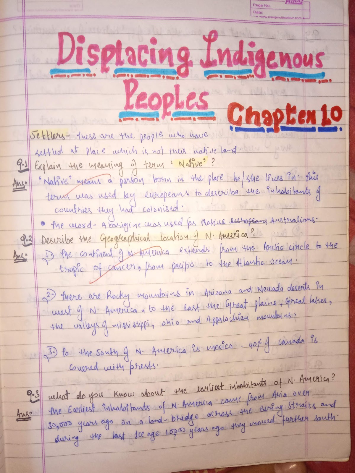 Handwritten Notes of Displacing Indigenous Peoples - class 11th - History
