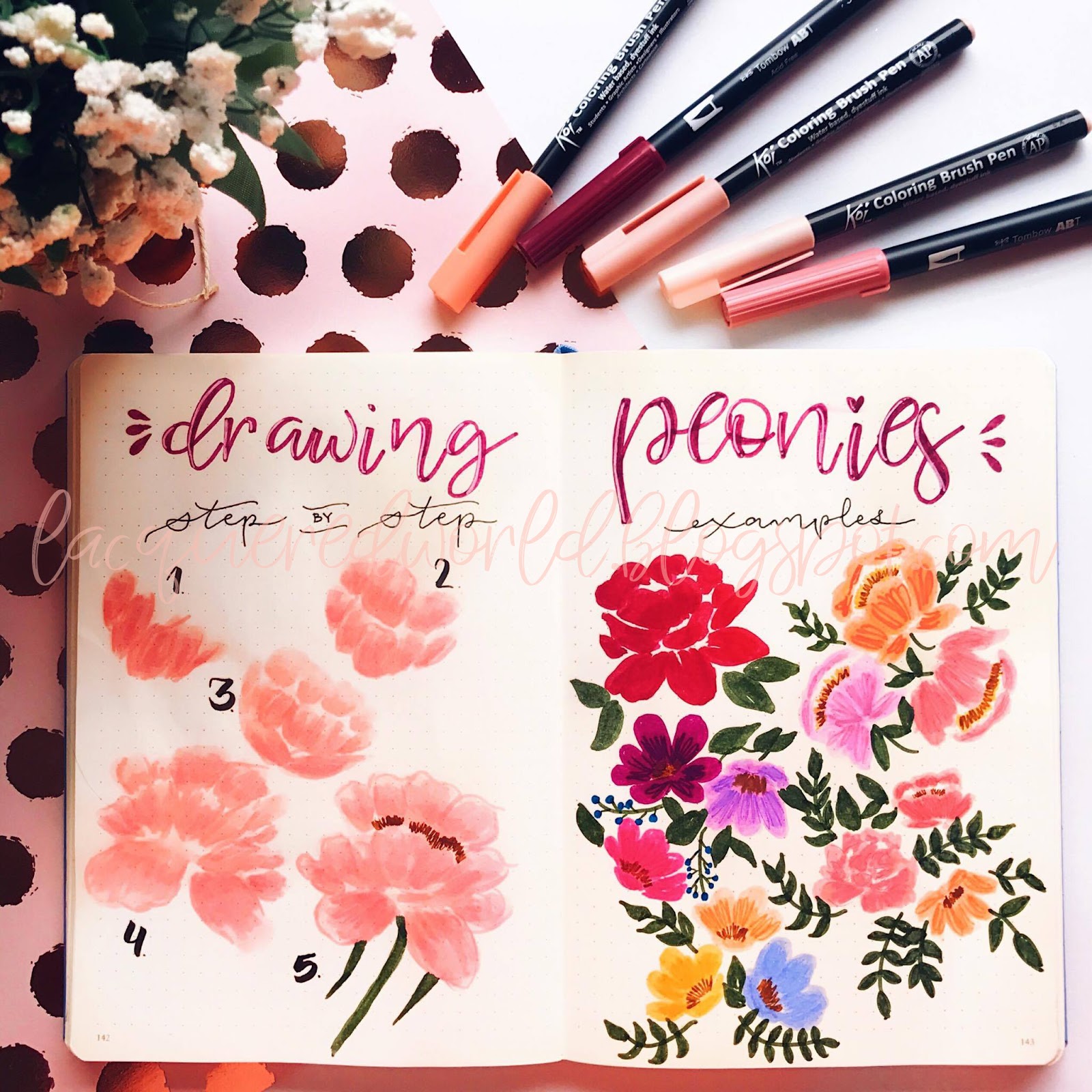 Lacquered World ···: #317 · Drawing Peonies ~ Step by Step | Bullet Journal