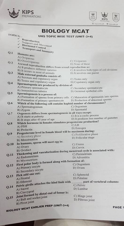 All Exam Soloutions And Notes: Biology Kips unit wise test Of Mcat 2016