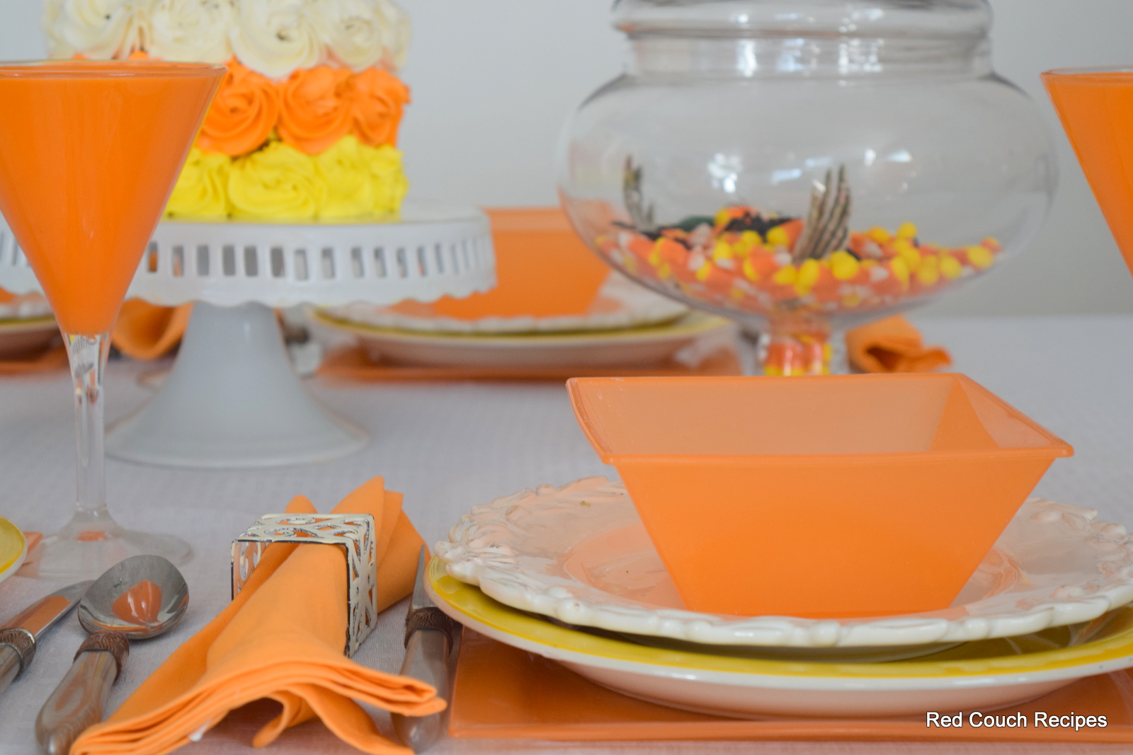 Red Couch Recipes: Candy Corn Halloween Tablescape