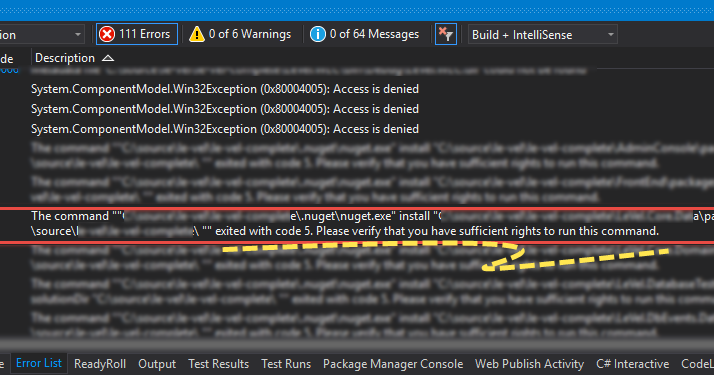 Visual Studio 2017 + Access is denied + Exited with code 5. Please verify that you have ...