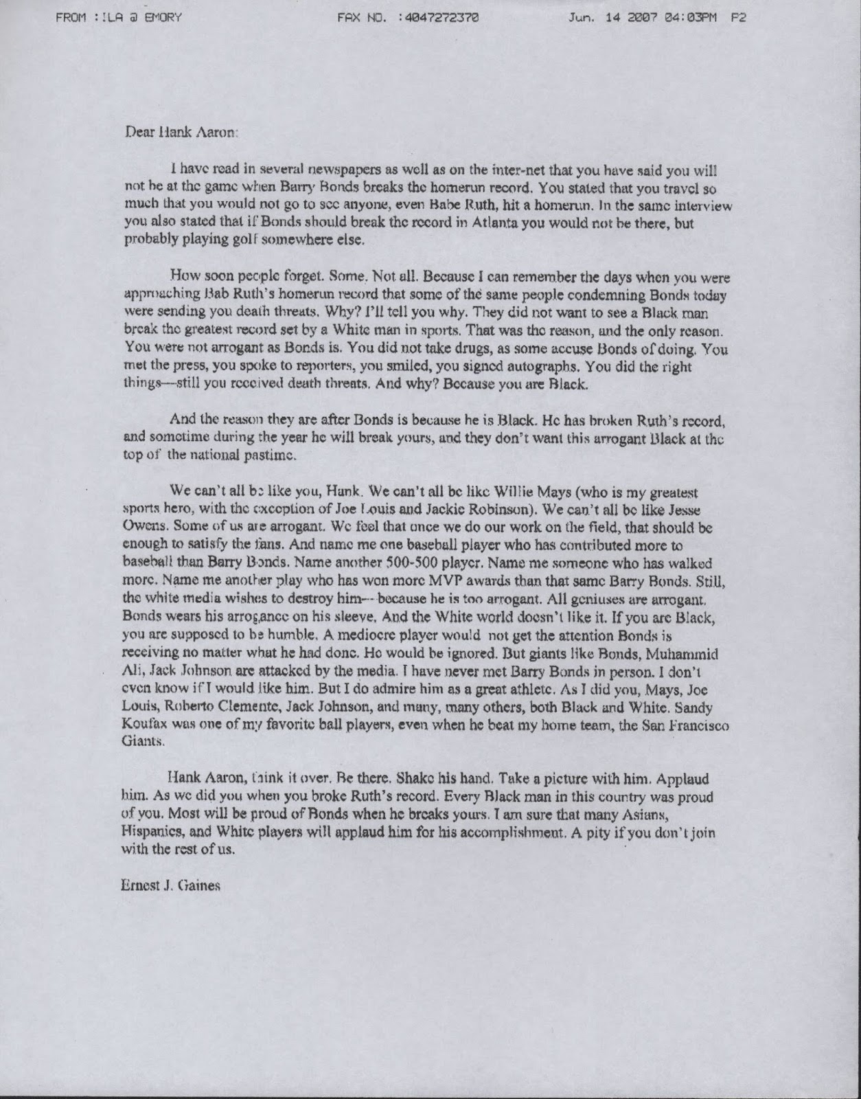 Ernest J. Gaines Center Blog: Ernest Gaines's Open Letter to Hank Aaron