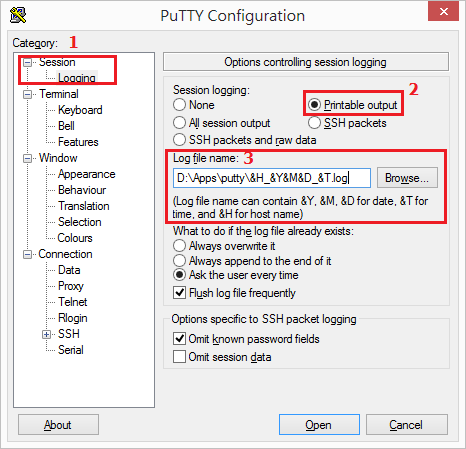 Free學習札記: How to automatically log console output with putty?