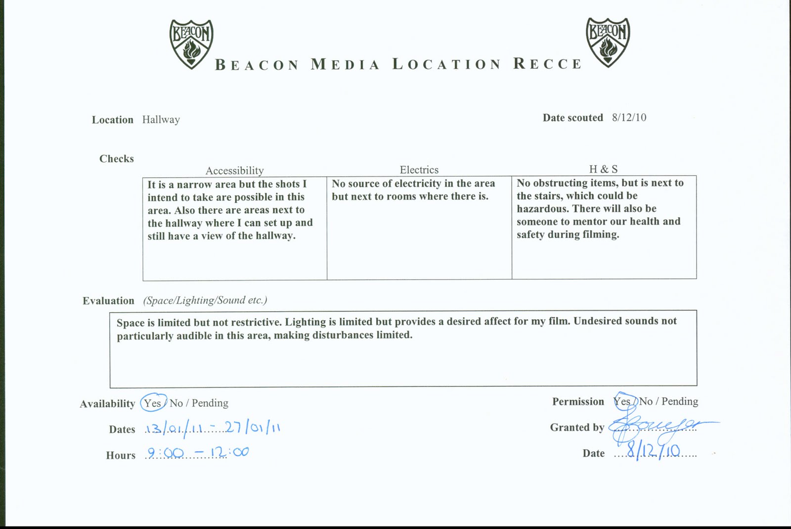 Pre-Production: Recce Form's