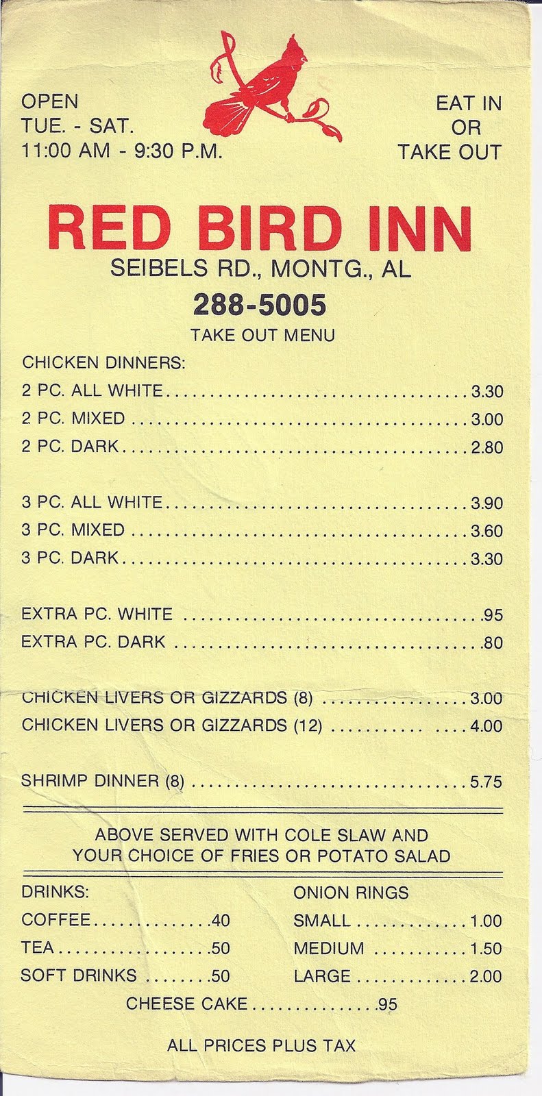 Times Gone By - History of Montgomery, AL: Menu from The Red Bird Inn