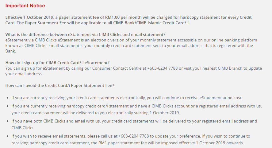 CIMB信用卡纸张账单将征收1令吉费用，2019年10月起生效