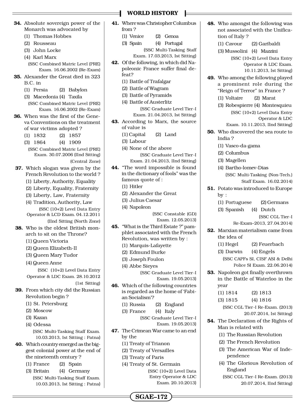 RRB NTPC / RRB JE / CDS / SSC - WORLD HISTORY - TOP 169 MCQS